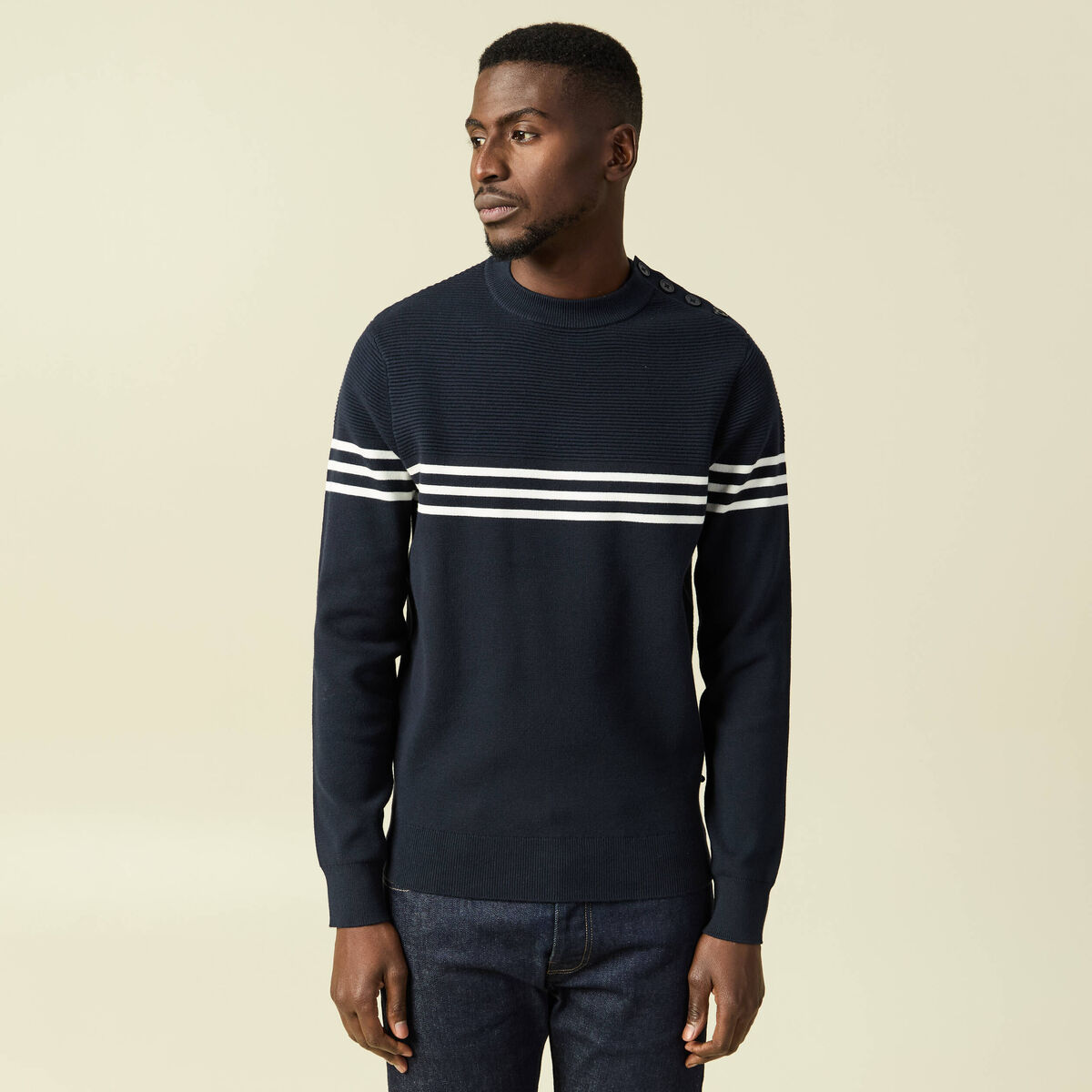 Pull fin col rond manches longues bleu marine homme | Vibs