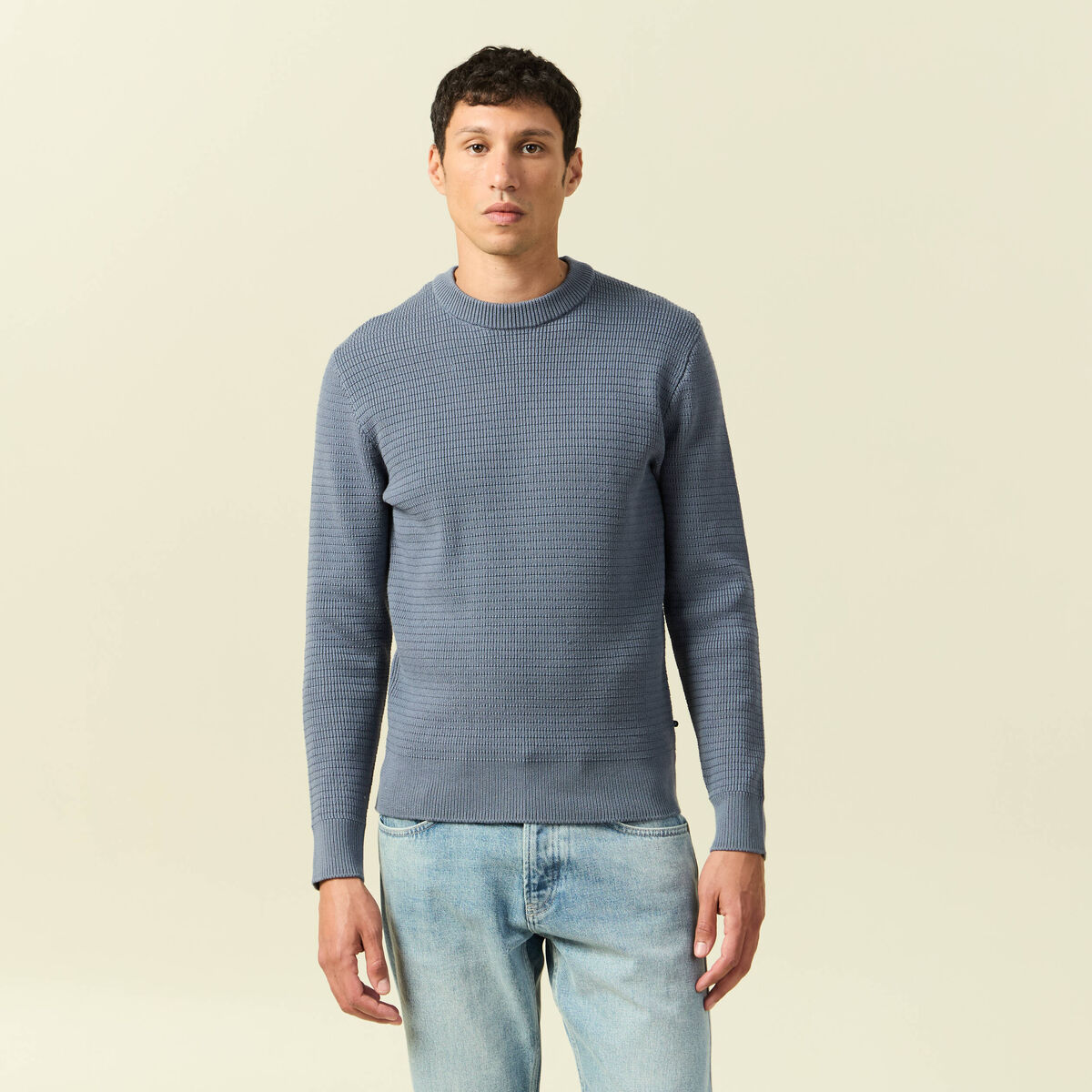 Pull col rond manches longues bleu gris homme | Vibs