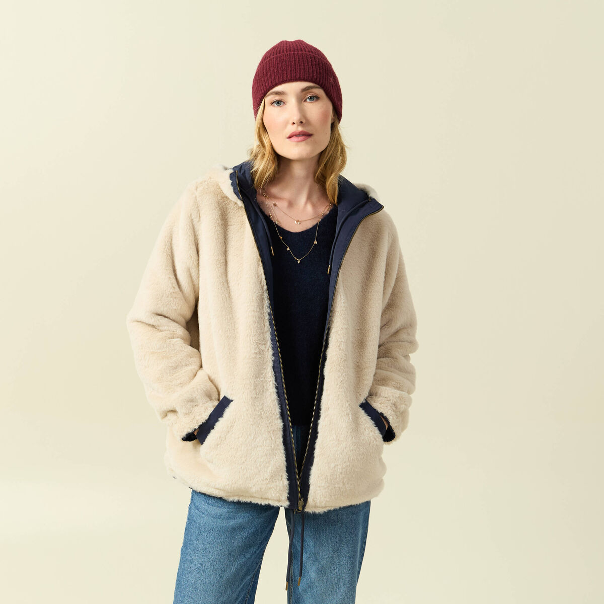 Parka réversible bleu marine femme | Vibs