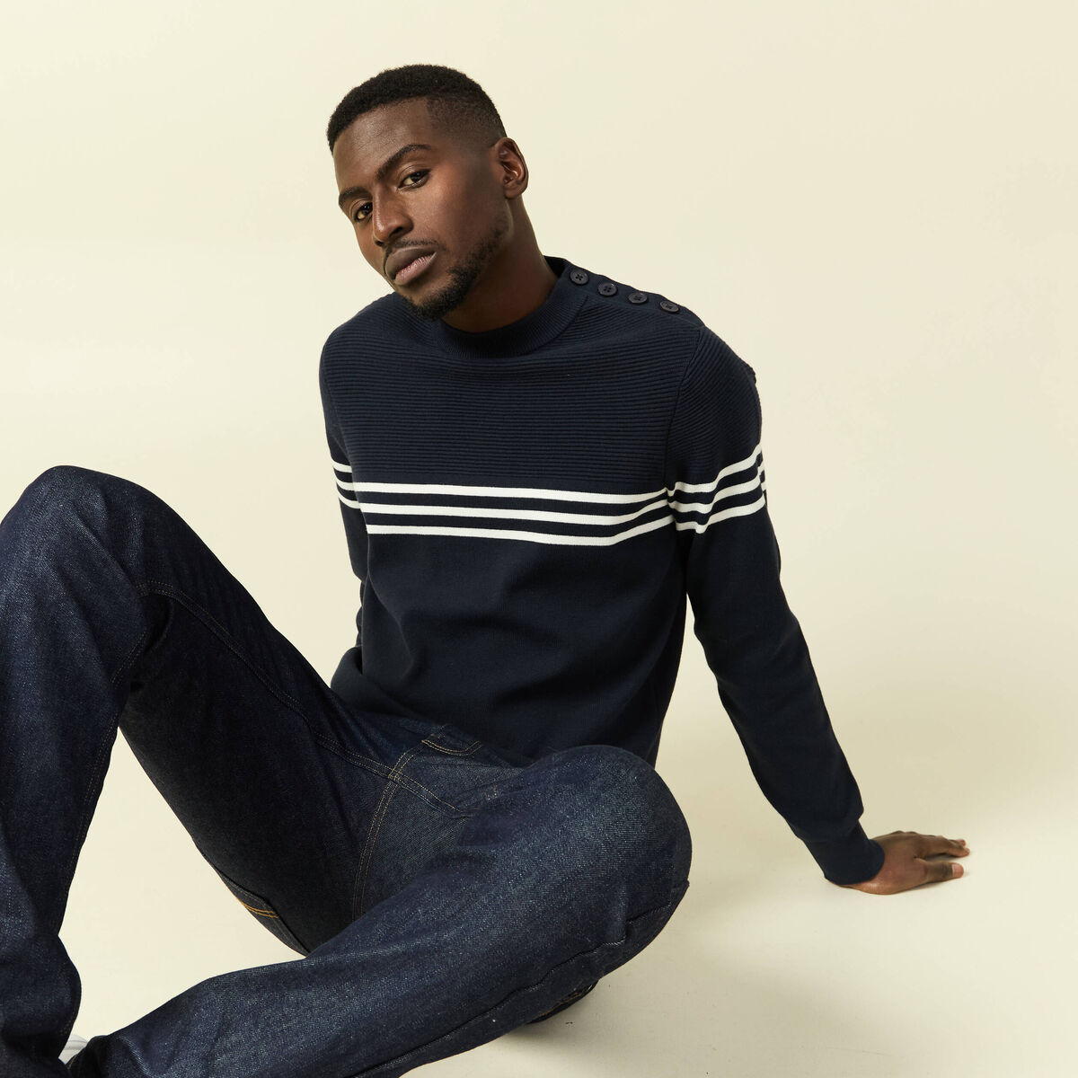 Pull fin col rond manches longues bleu marine homme | Vibs