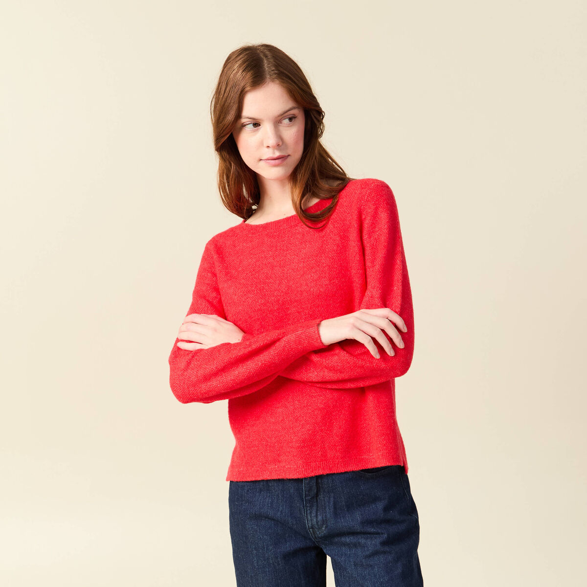 Pull col bateau manches longues rouge femme | Vibs