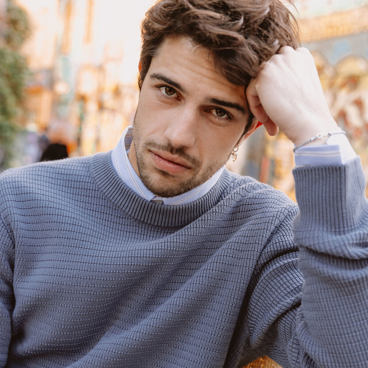 Pull col rond manches longues bleu gris homme | Vibs