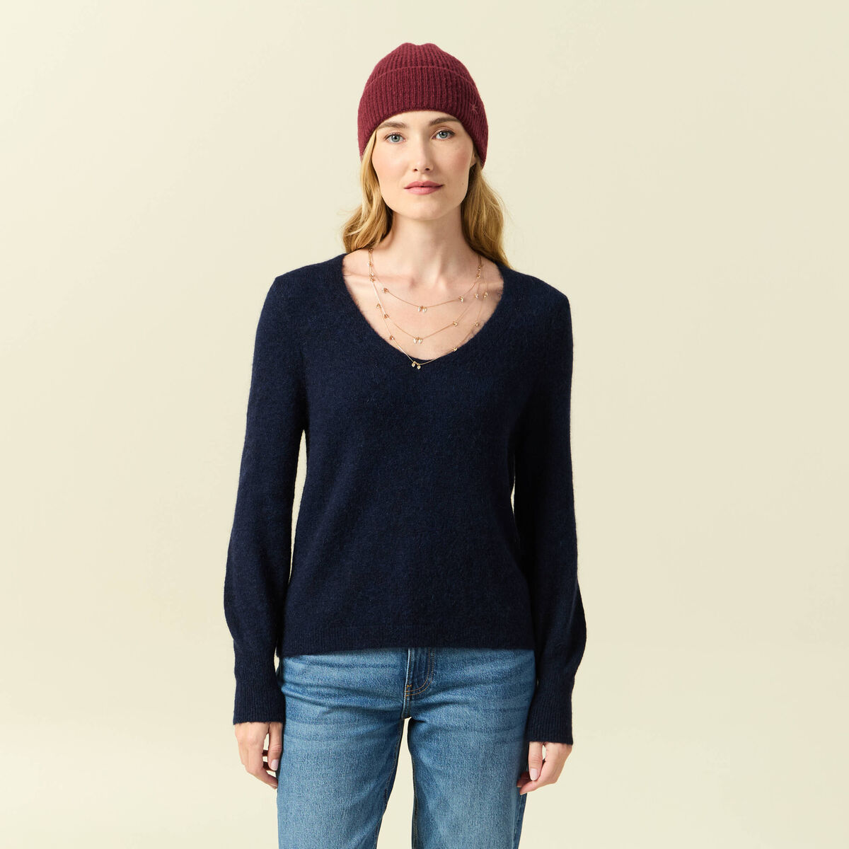Pull col V manches longues bleu marine femme | Vibs