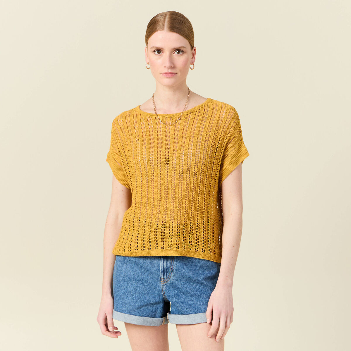 Pull oversize ajouré col bateau jaune femme | Vibs