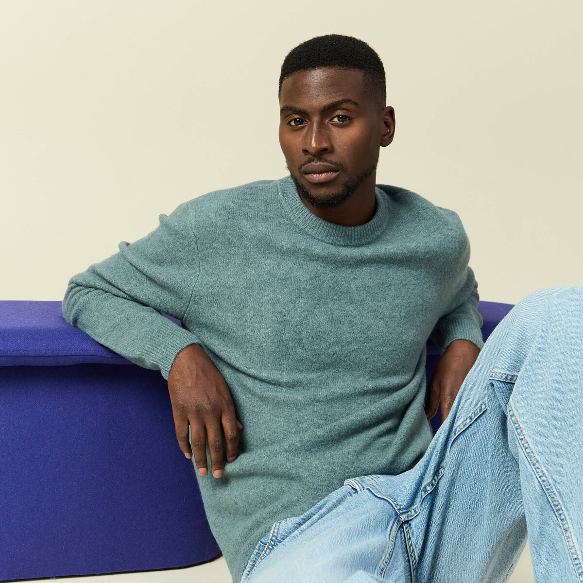 Pull manches longues col rond bleu gris homme | Vibs