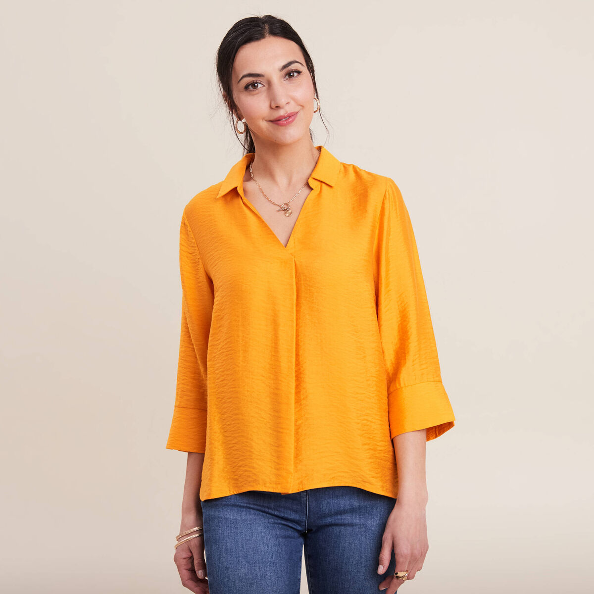Blouse manches 3/4 jaune moutarde femme | Vibs