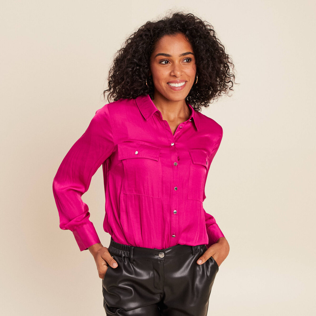 Chemise satinée manches longues rose fushia femme | Vibs