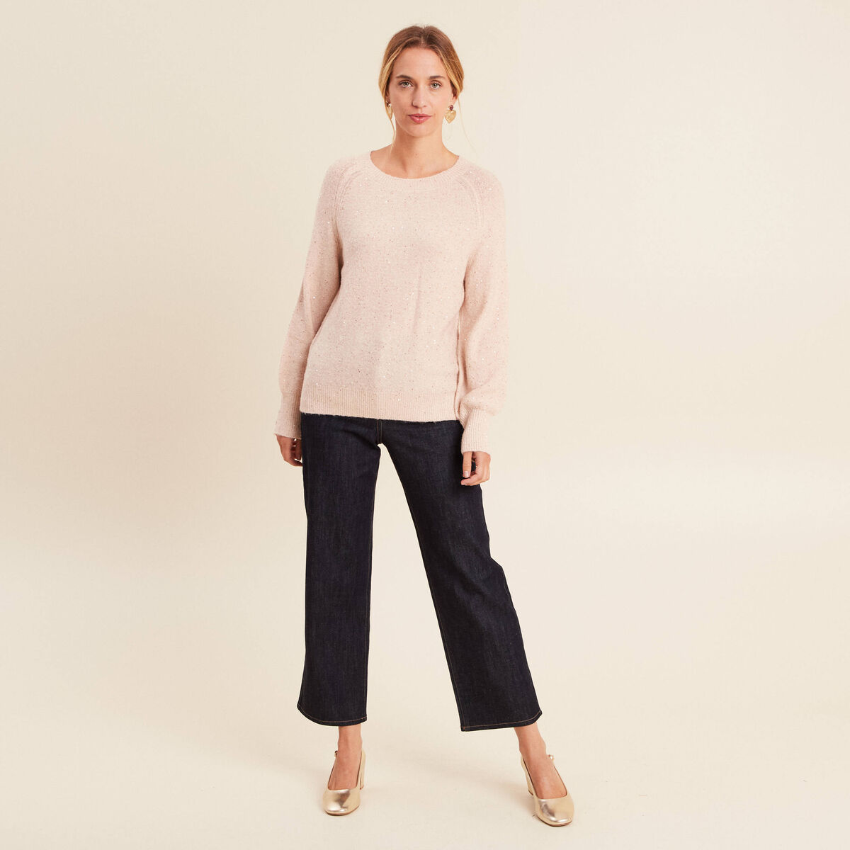 Pull col rond manches longues à sequins rose poudrée femme | Vibs