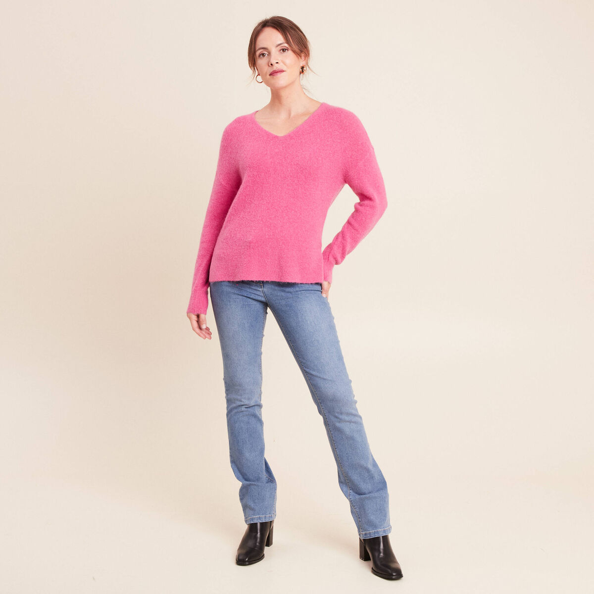 Pull col v manches longues rose fushia femme | Vibs