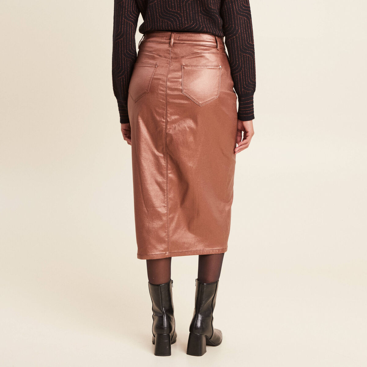 Jupe midi droite enduite couleur cuivre femme | Vibs