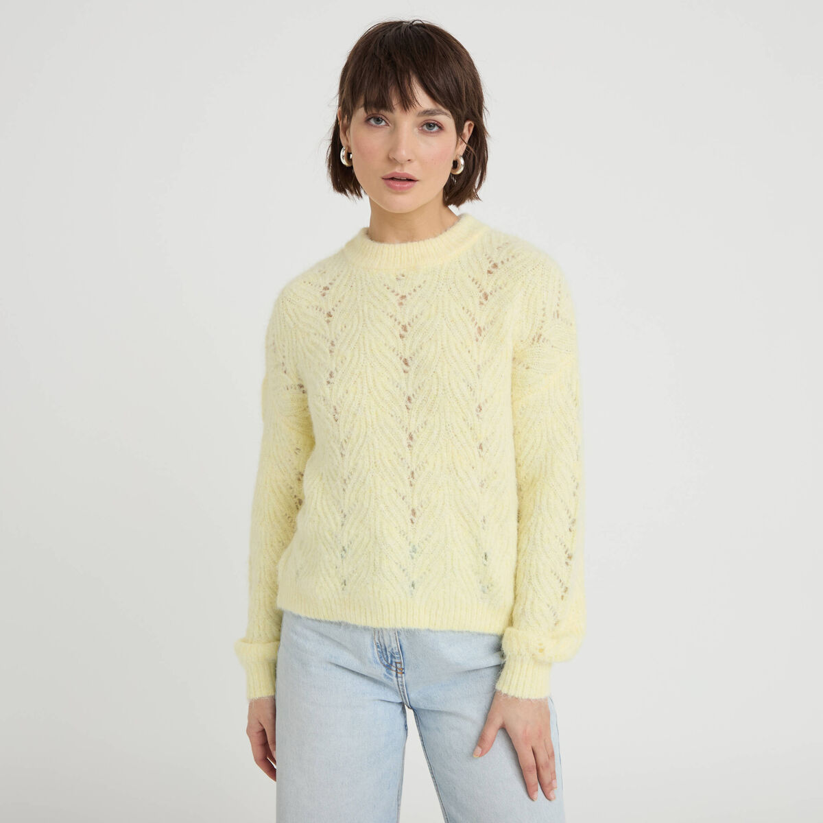 Pull ajouré manches longues jaune clair femme | Vibs