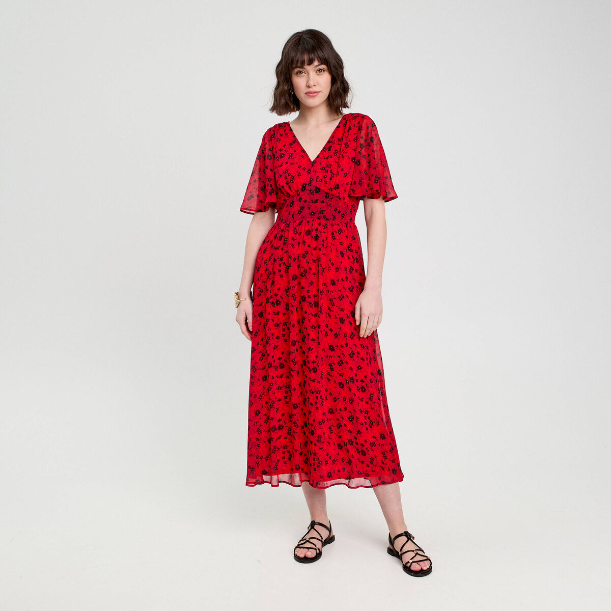 Robe longue évasée col en V rouge femme | Vibs