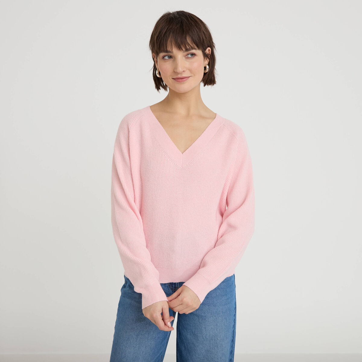 Pull fin col v rose clair femme | Vibs