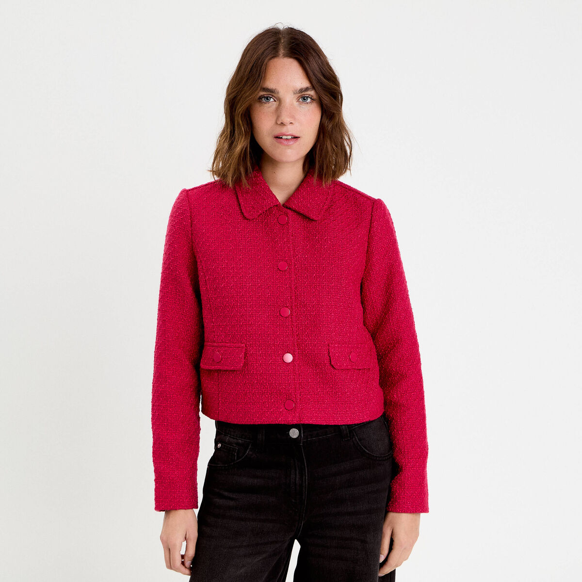 Veste droite cropped en tweed rouge clair femme | Vibs