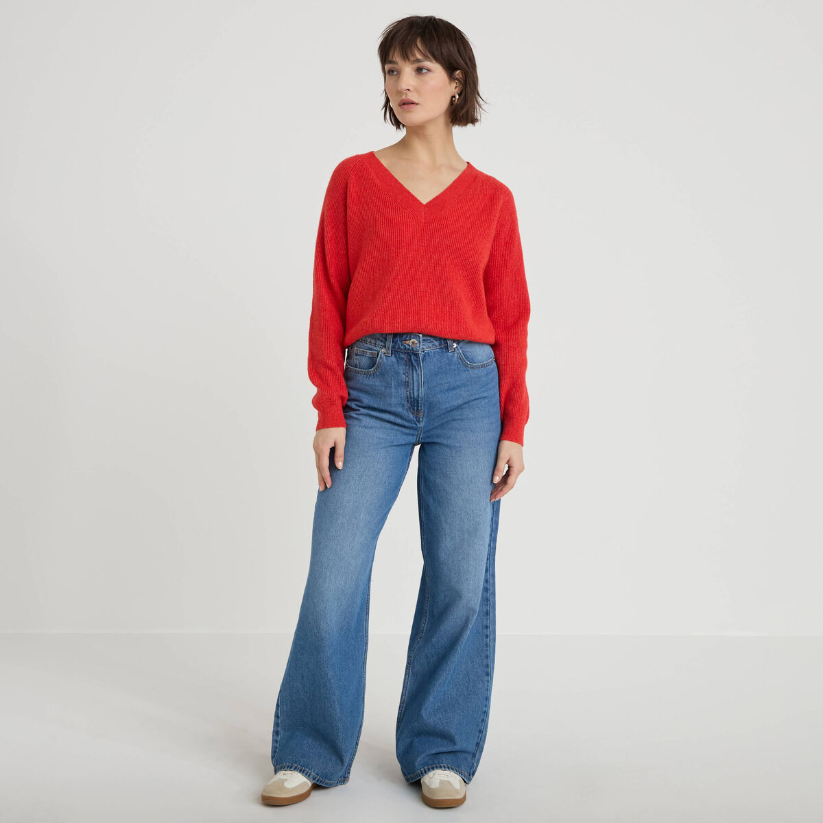Pull fin col v rouge femme | Vibs