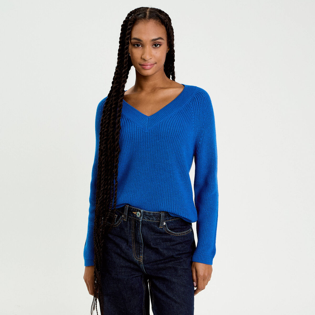 Pull col v manches longues bleu electrique femme | Vibs