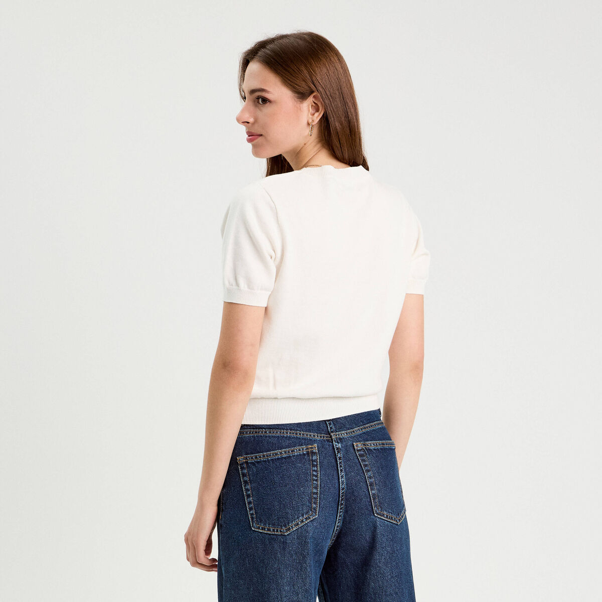 Pull manches courtes patchs ecru femme | Vibs