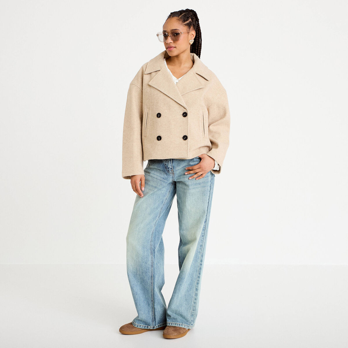 Caban court oversize col tailleur beige femme | Vibs