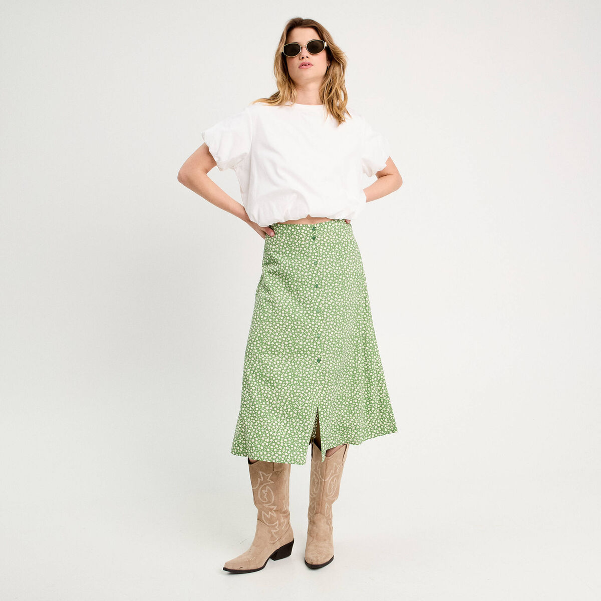 Jupe midi droite boutonnée vert kaki femme | Vibs