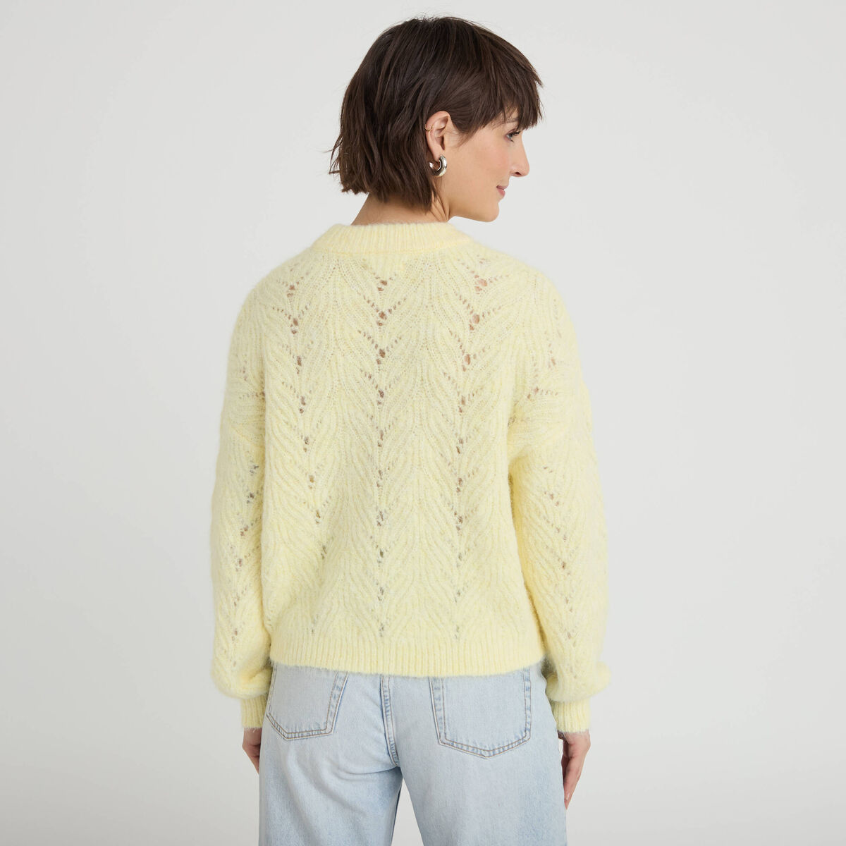 Pull ajouré manches longues jaune clair femme | Vibs