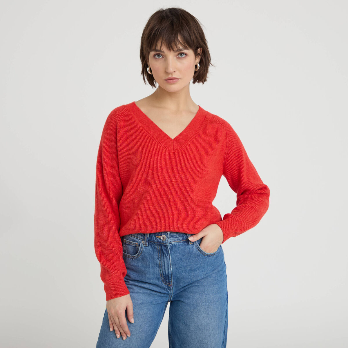 Pull fin col v rouge femme | Vibs