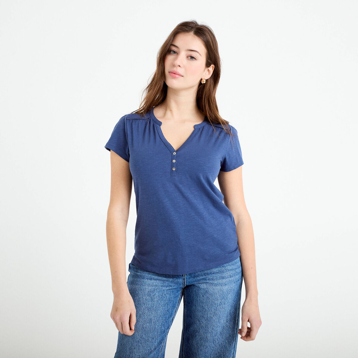 T-shirt boutonné sur le devant bleu foncé femme | Vibs