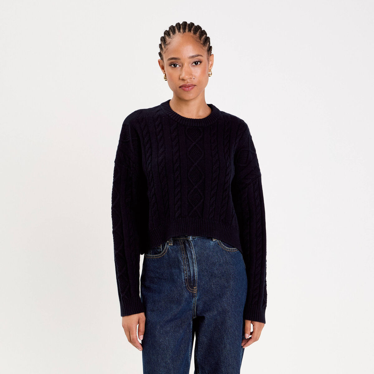 Pull avec torsades bleu marine femme | Vibs