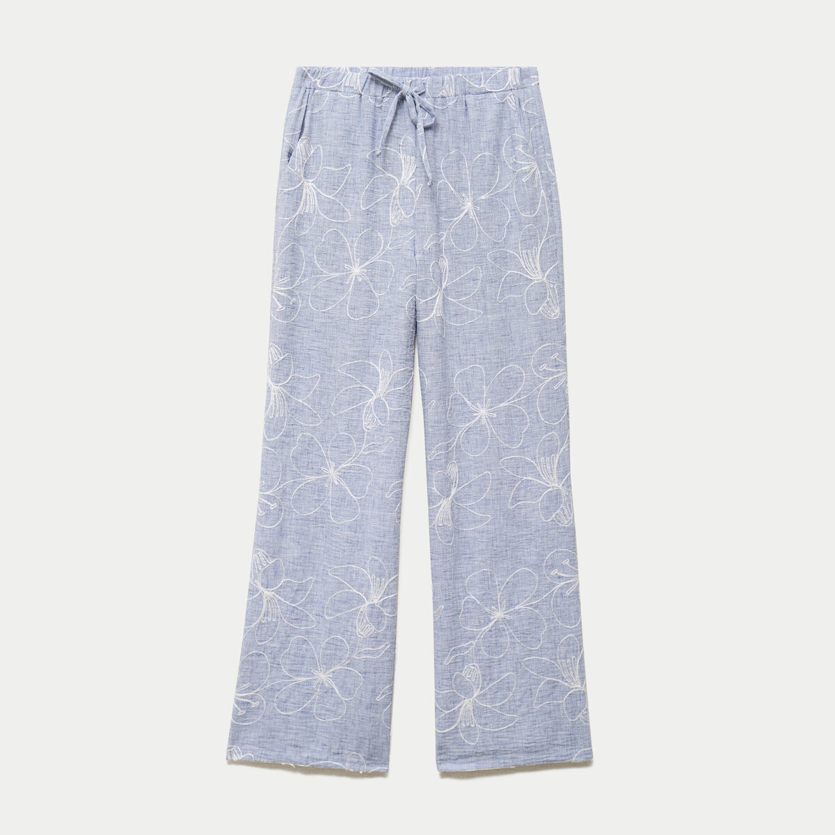 Pantalon large taille haute brodé bleu clair femme | Vibs