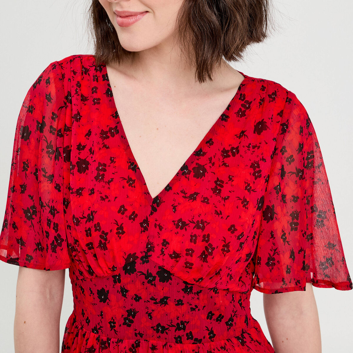 Robe longue évasée col en V rouge femme | Vibs