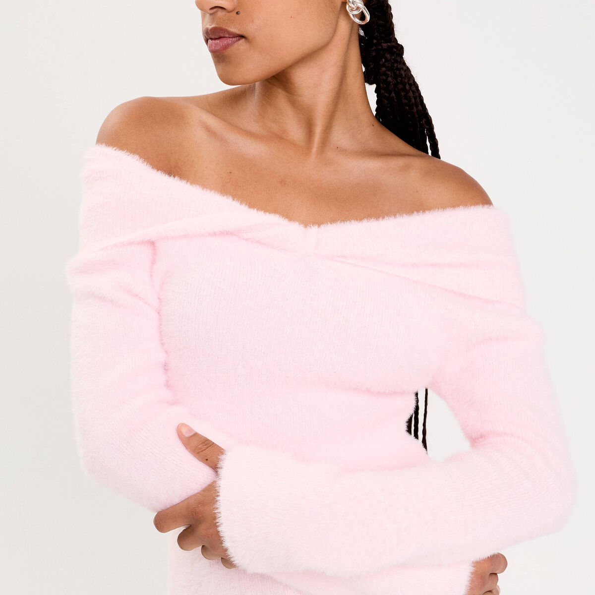 Pull ajusté col bardot manches longues rose clair femme | Vibs