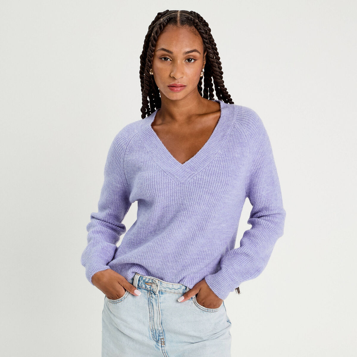 Pull avec col en V mauve femme | Vibs