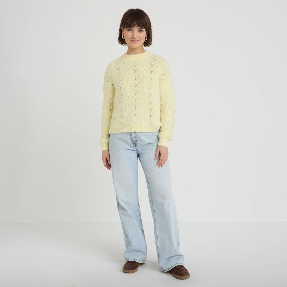Pull ajouré manches longues jaune clair femme | Vibs