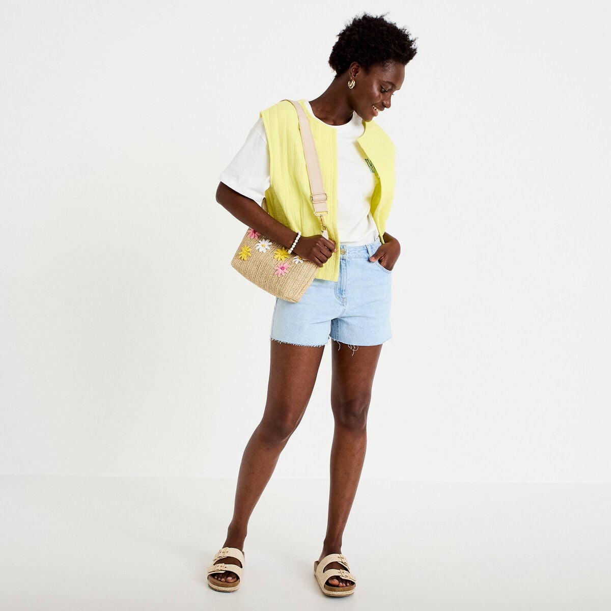 Gilet barman ample cropped plissé jaune citron femme | Vibs