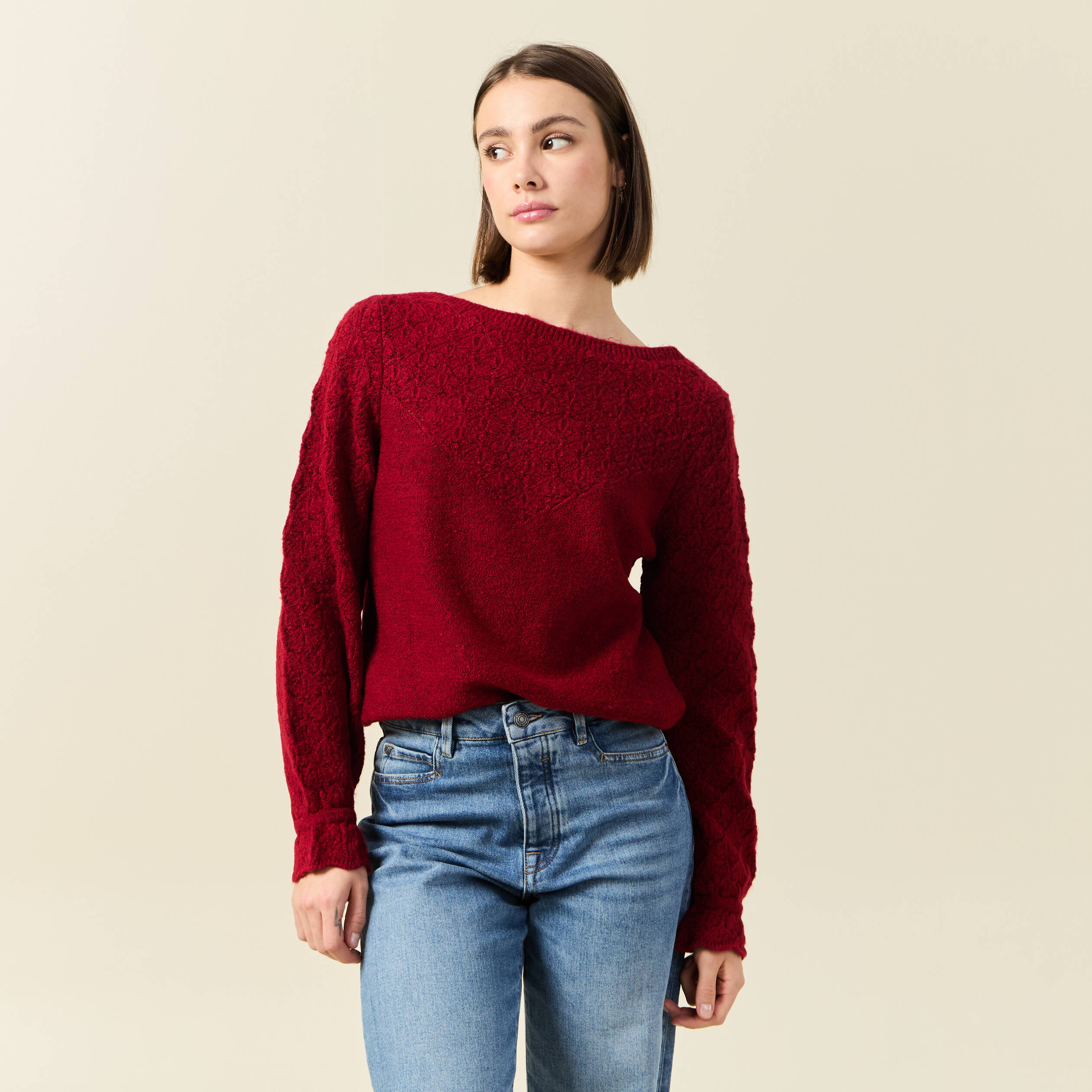 Pull manches longues rouge foncé femme | Vibs