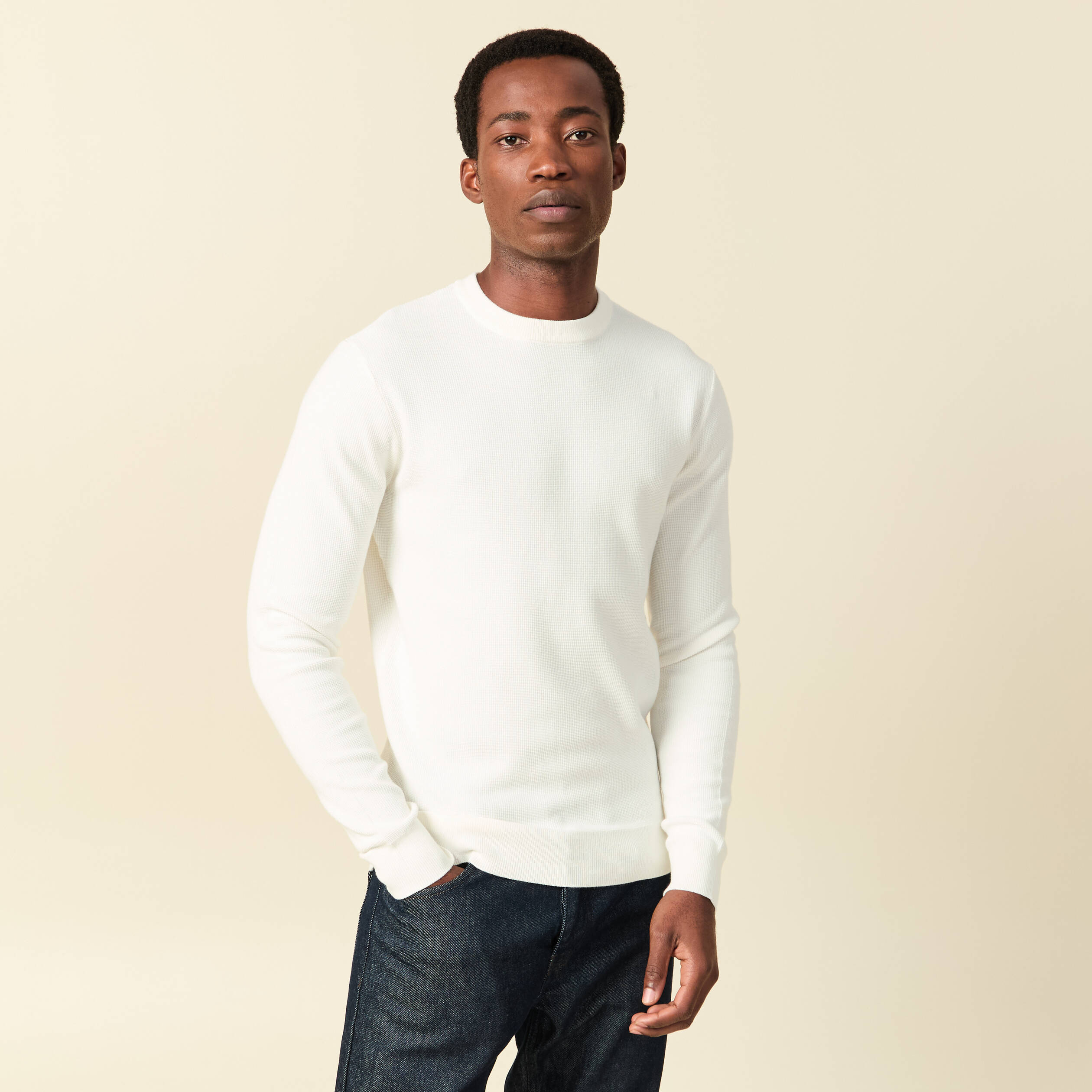 Pull fin col rond manches longues ecru homme | Vibs