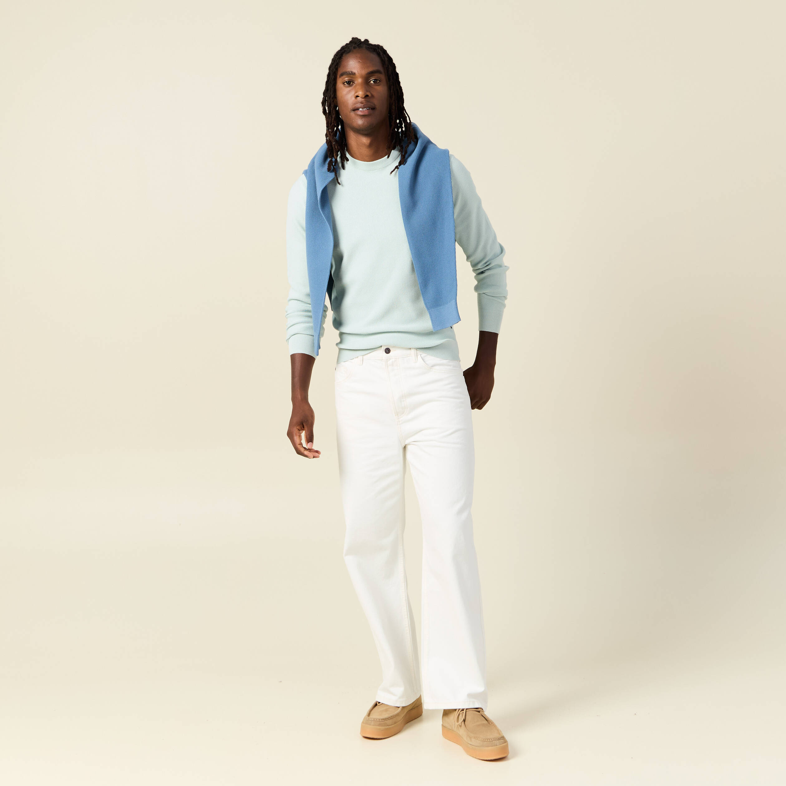 Pull fin col rond manches longues bleu clair homme | Vibs