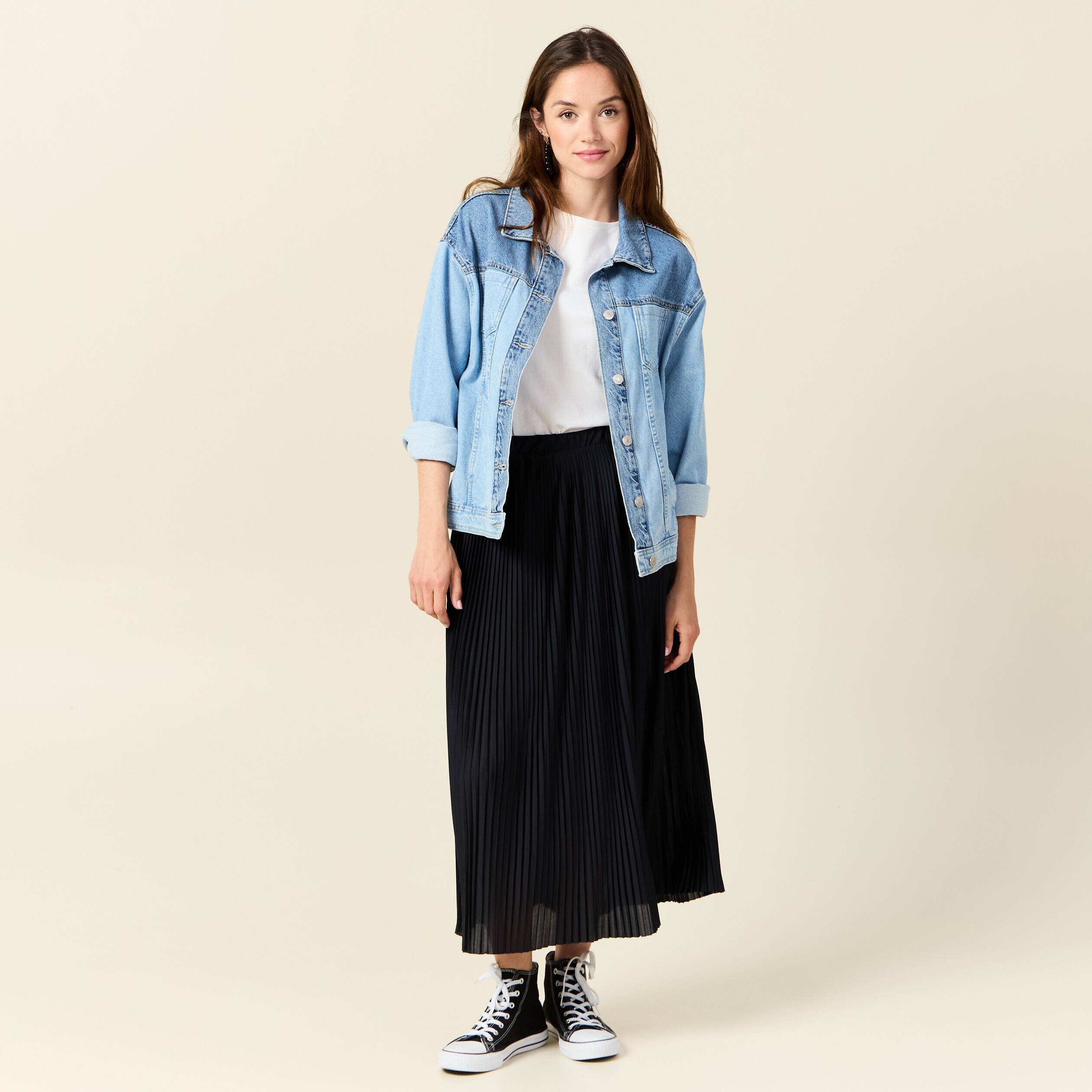 Jupe longue évasée plissée noir femme | Vibs