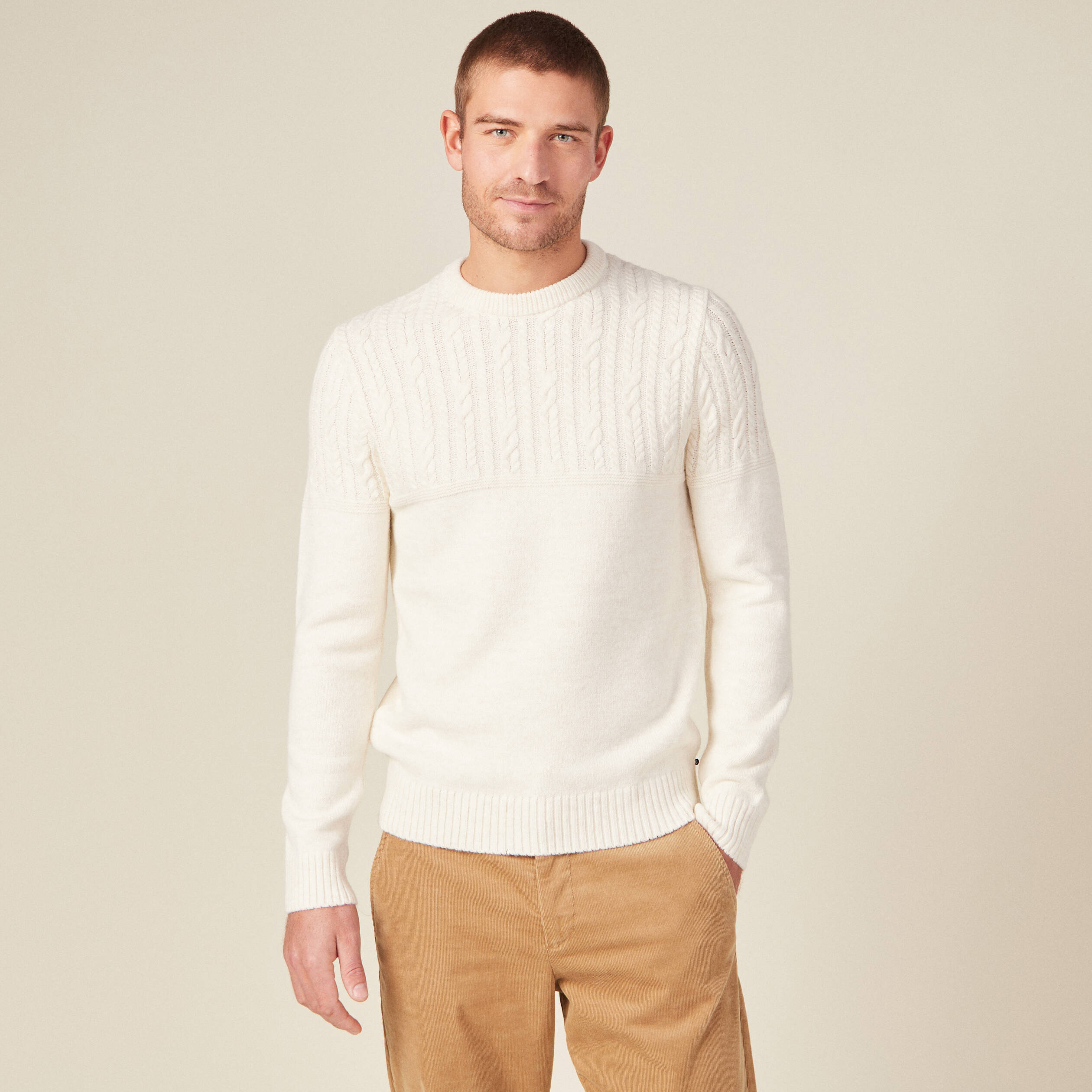 Pull manches longues torsades ecru homme | Vibs
