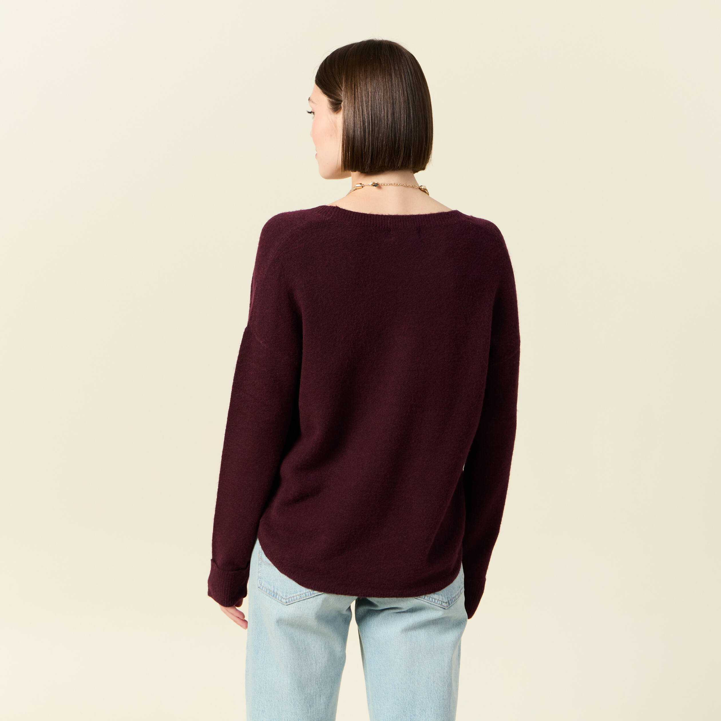 Pull manches longues col en V prune femme | Vibs