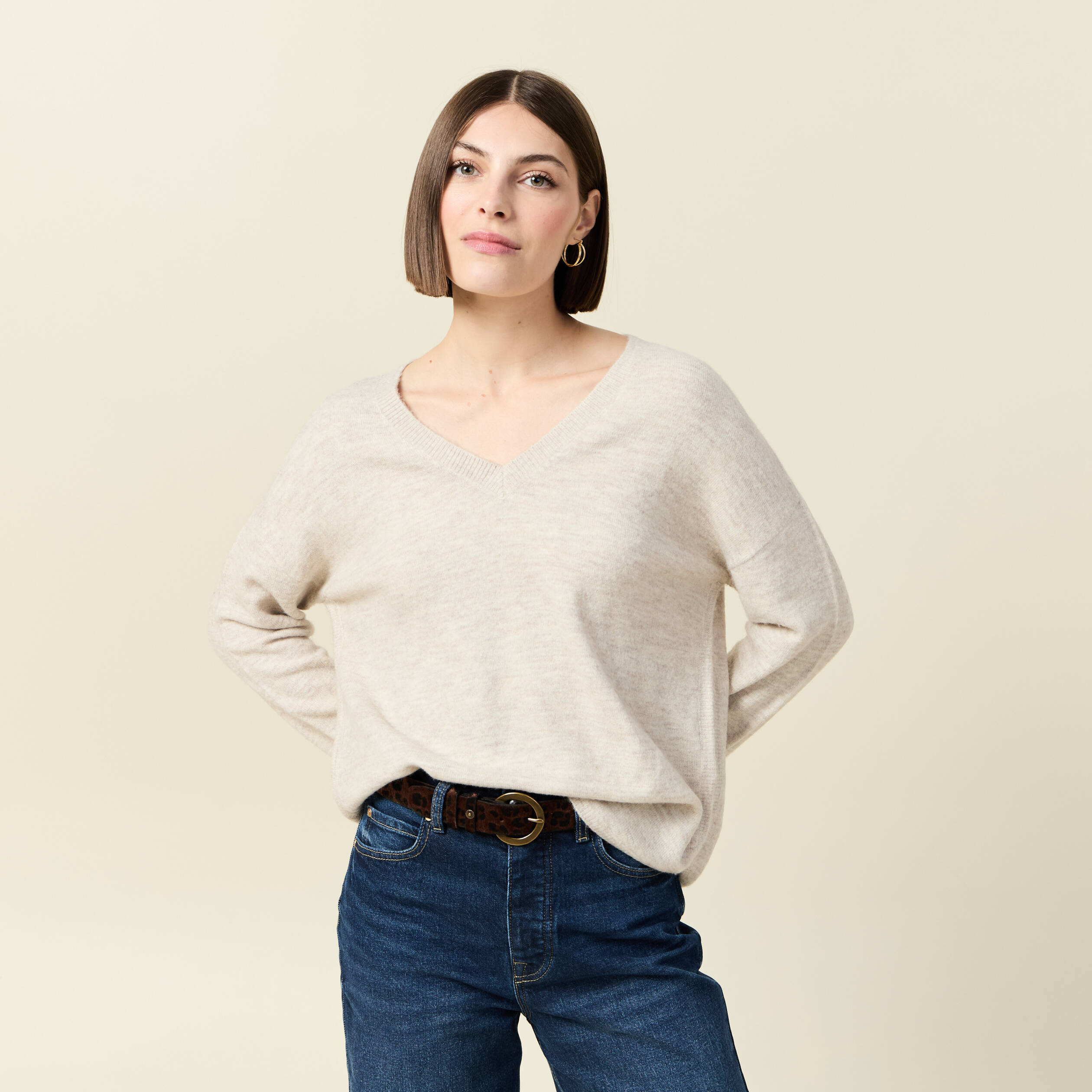 Pull manches longues col en V creme femme | Vibs