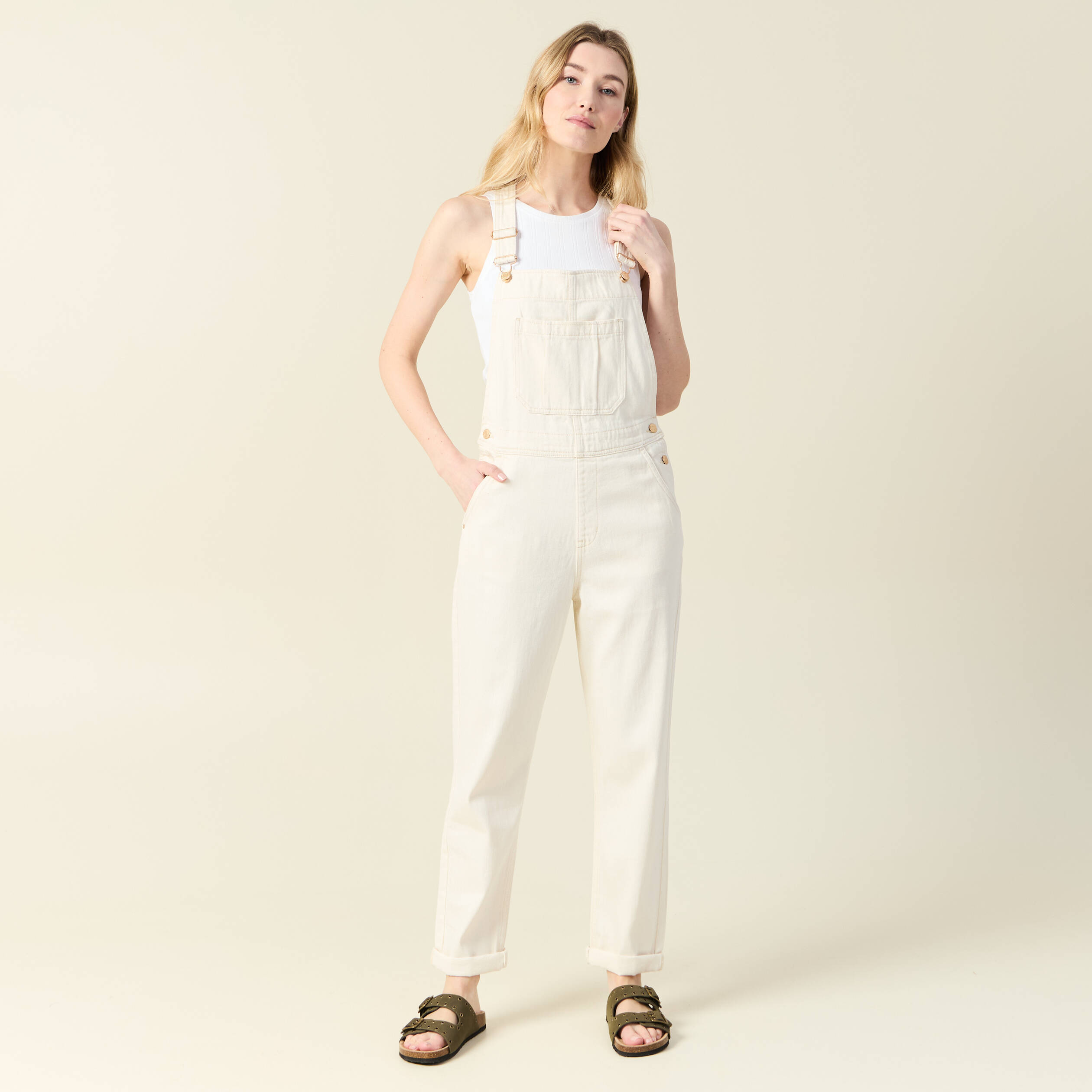 Salopette droite en jean denim blanc femme | Vibs