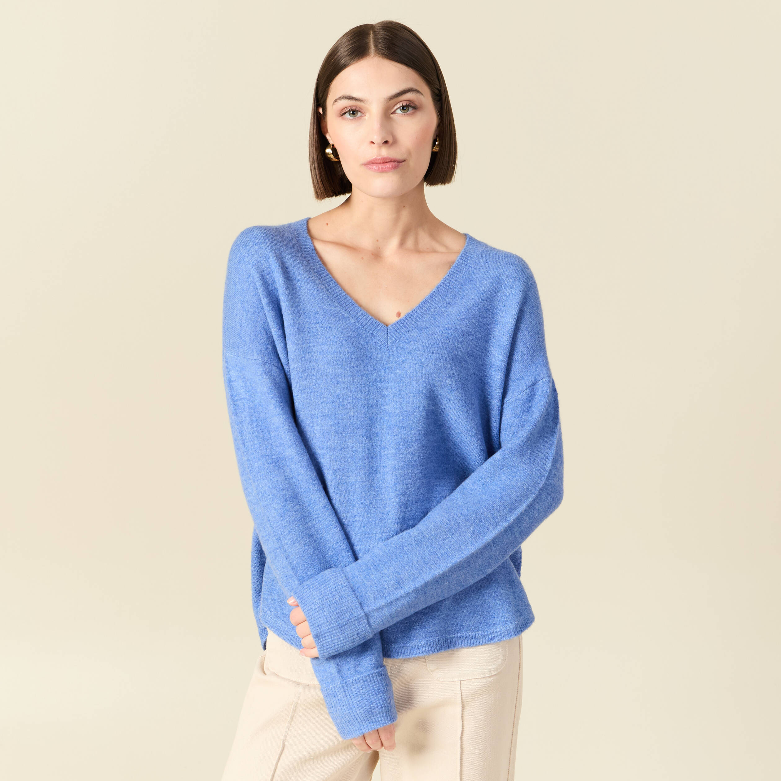 Pull manches longues col en V bleu ciel femme | Vibs