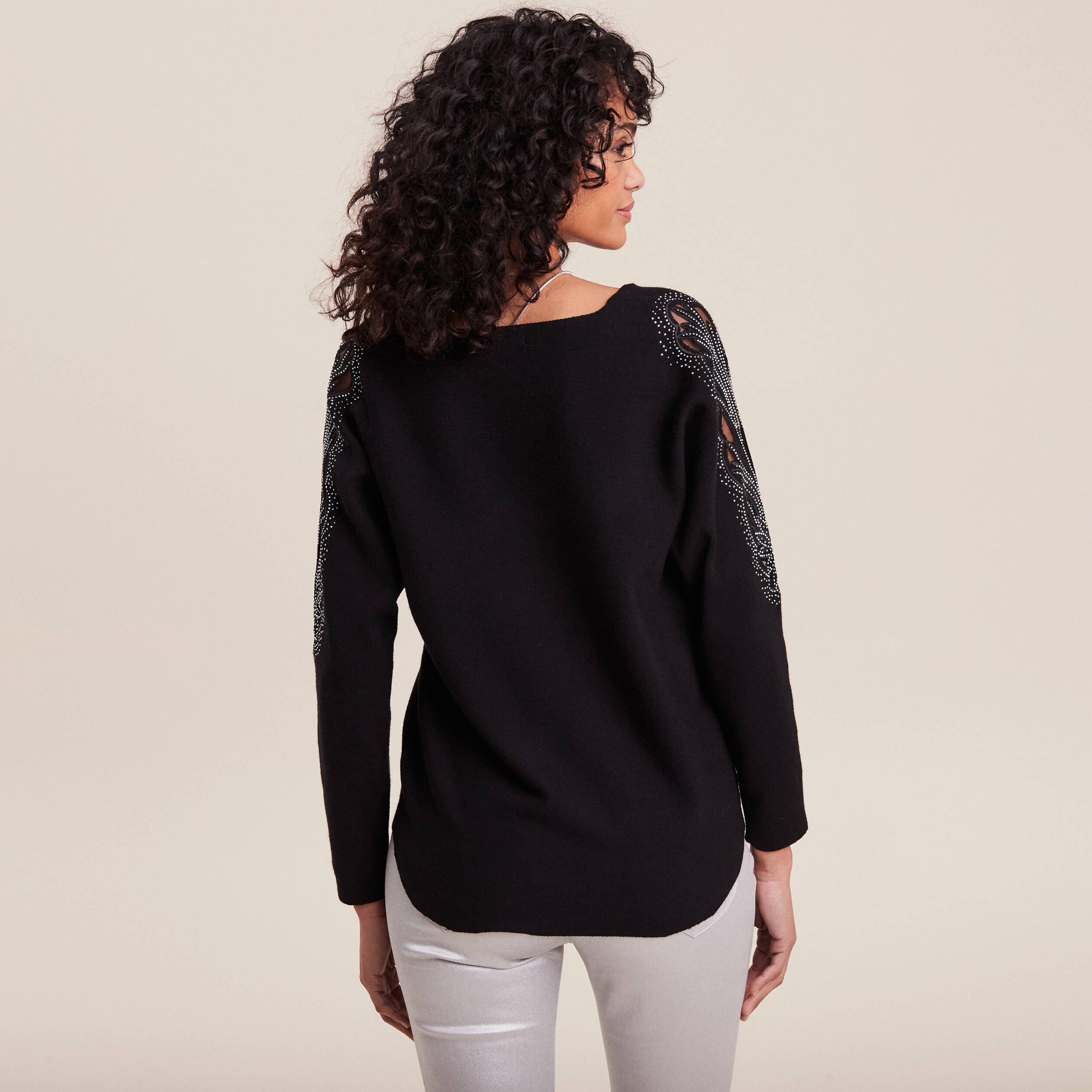 Pull manches longues strass noir femme | Vibs