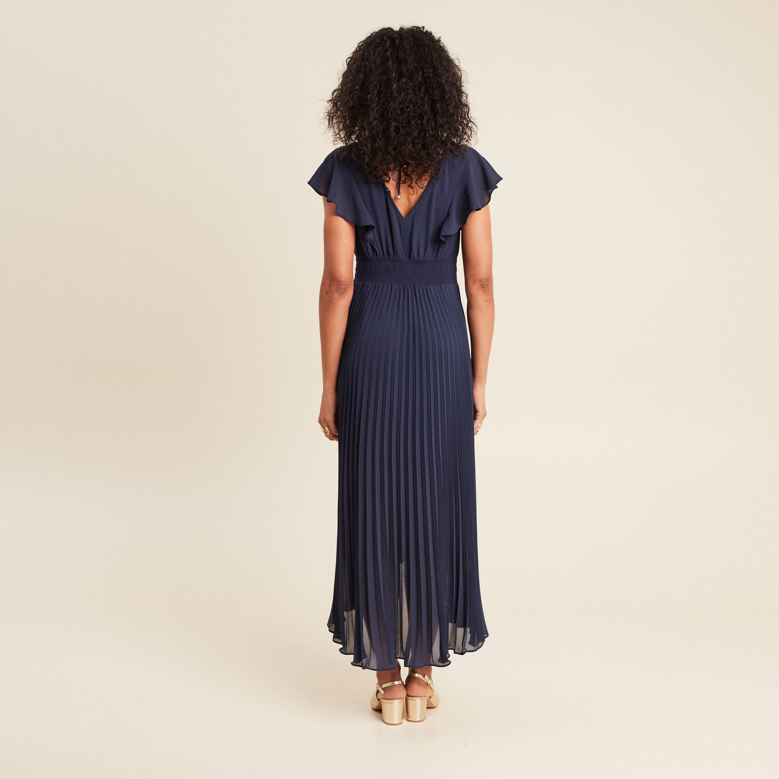 Robe longue évasée à volants bleu marine femme | Vibs