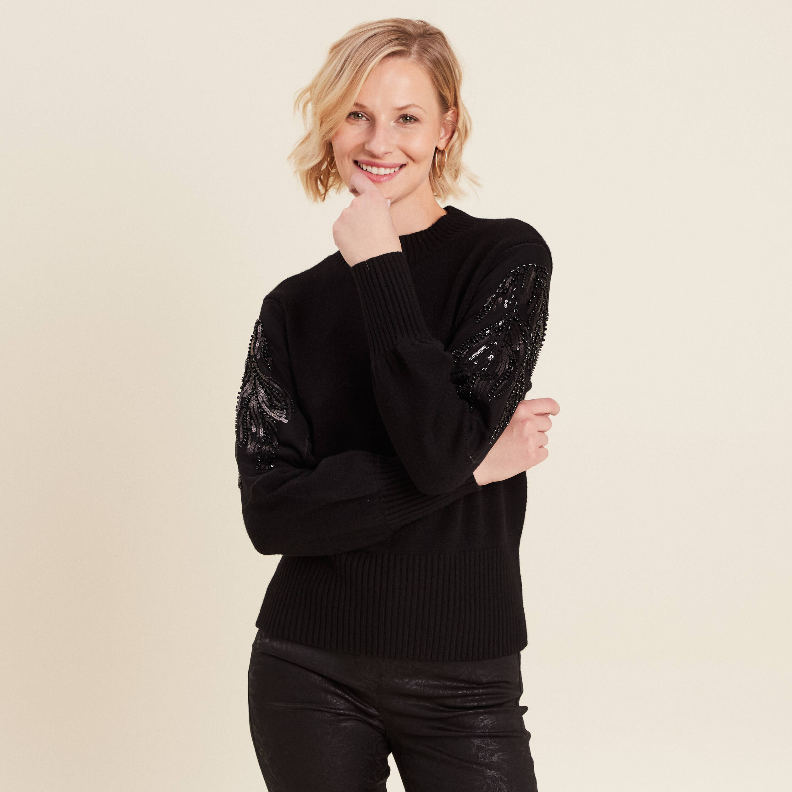 Pull manches longues sequins noir femme | Vibs