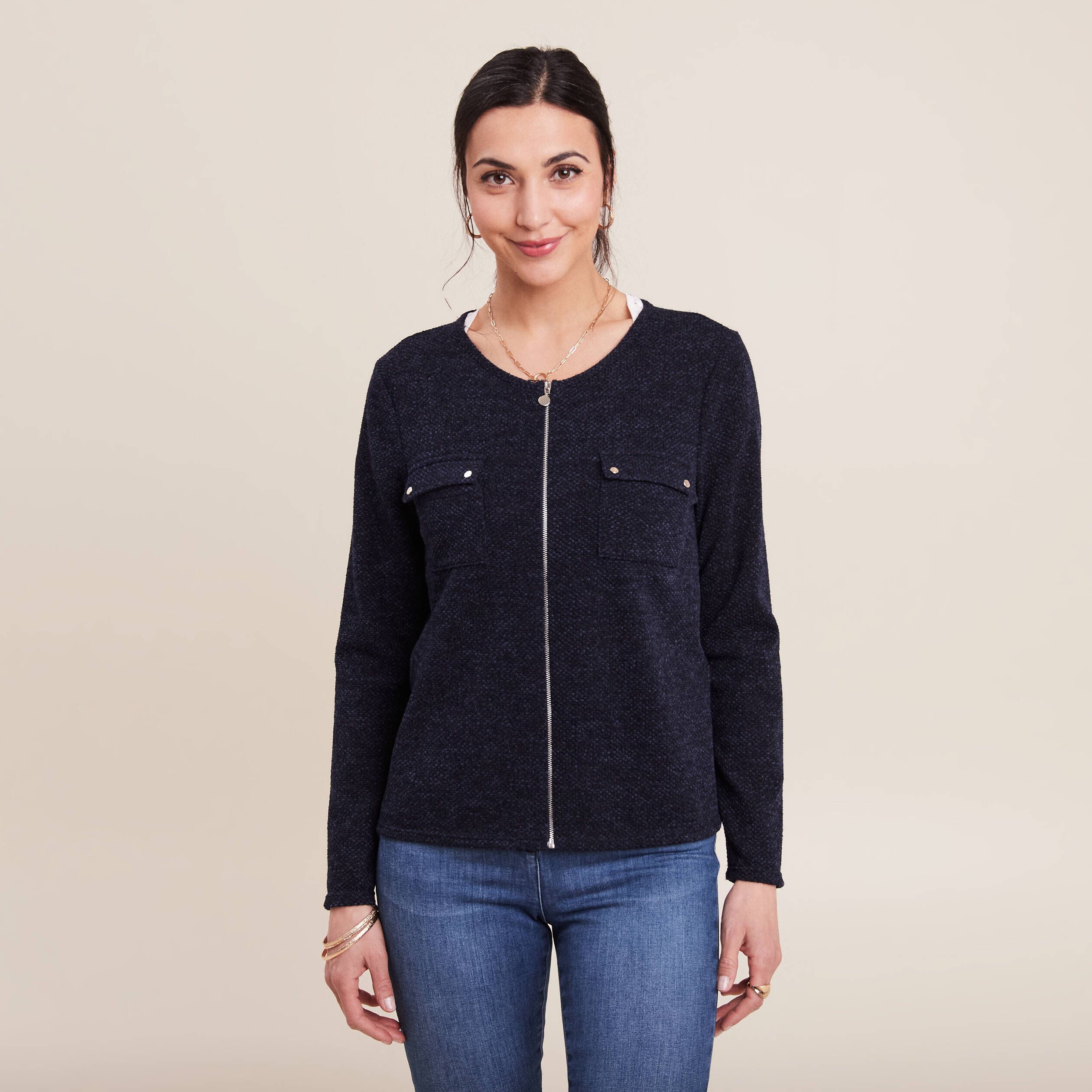 Gilet manches longues zippé bleu marine femme | Vibs