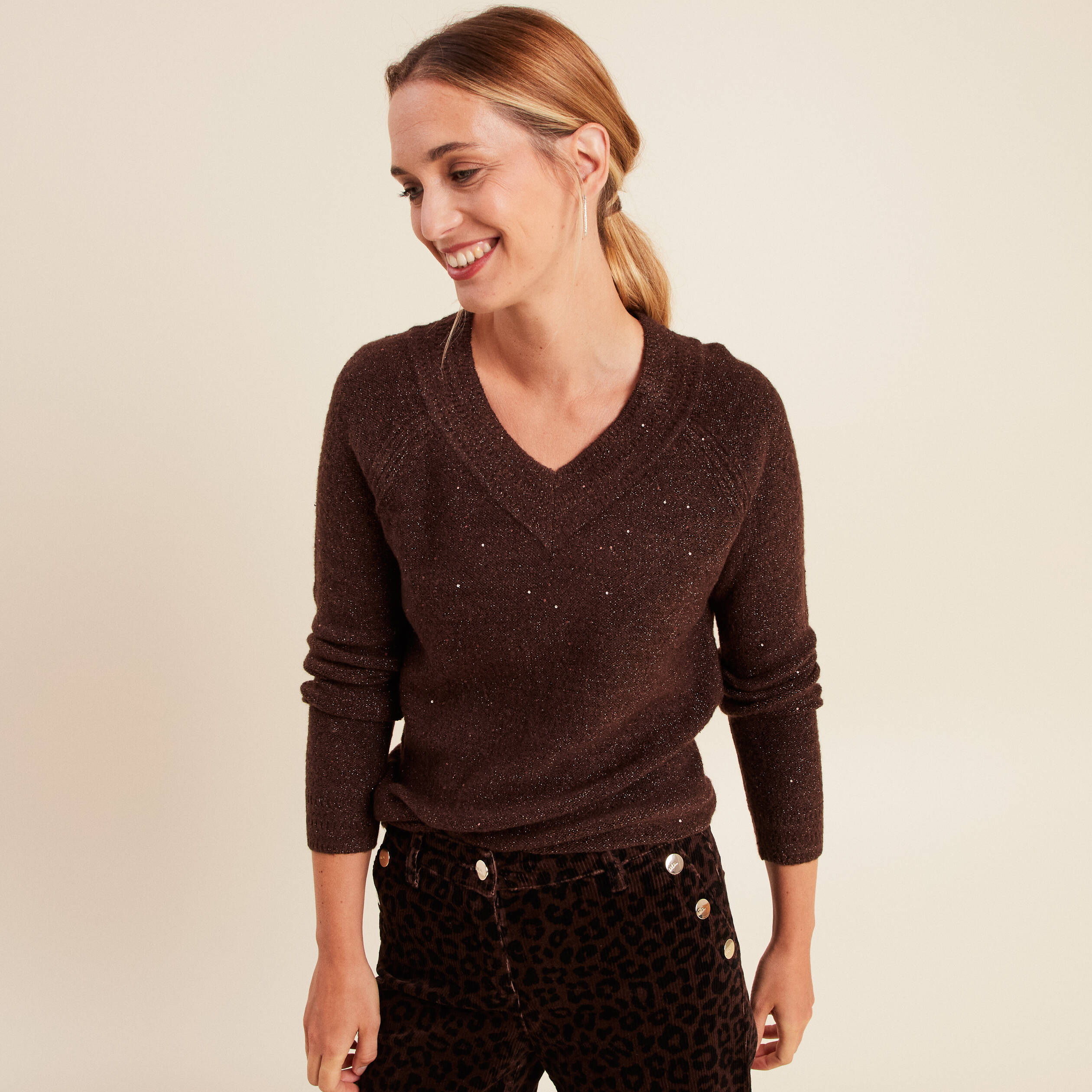 Pull manches longues marron foncé femme | Vibs