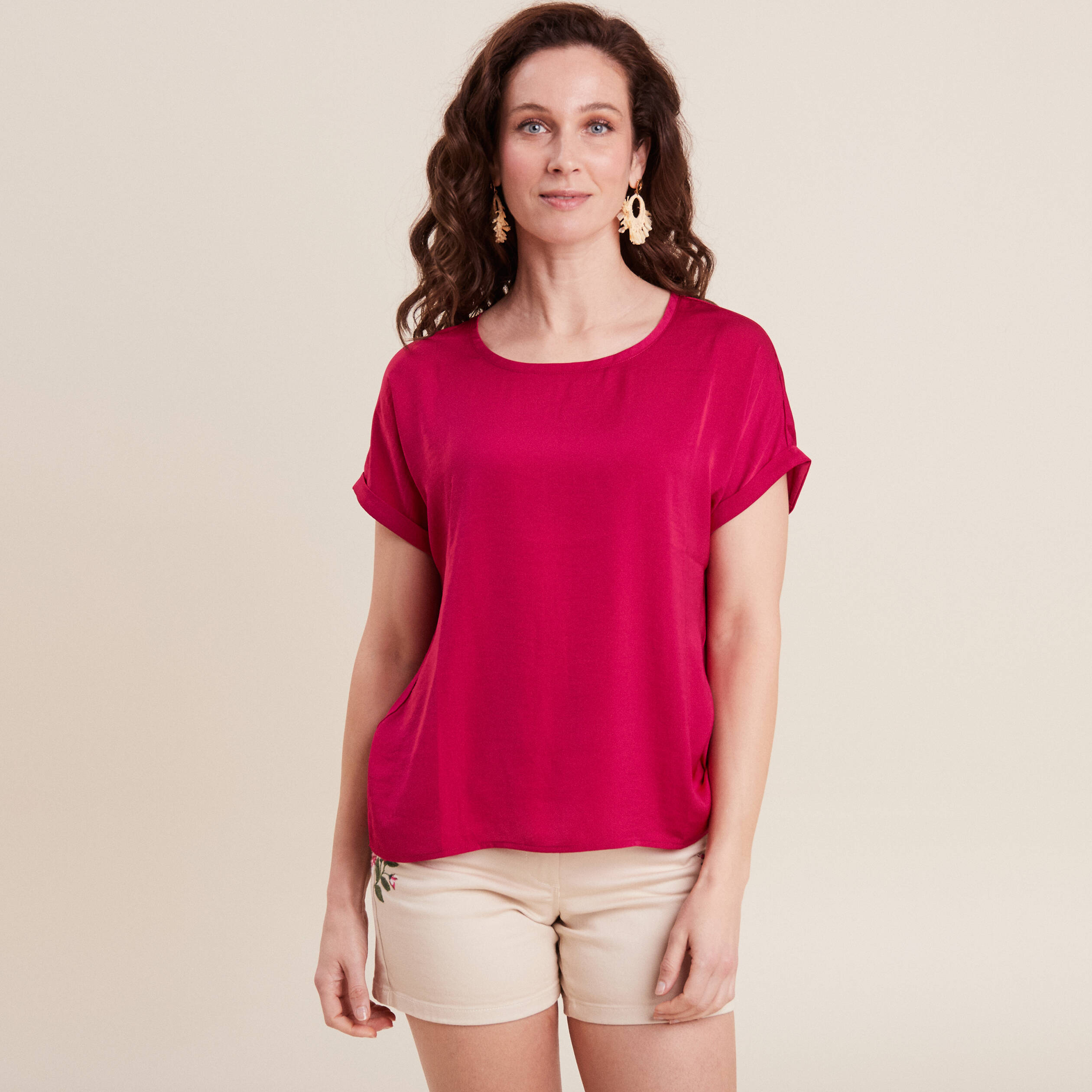 T-shirt manches courtes satin rose cerise femme | Vibs