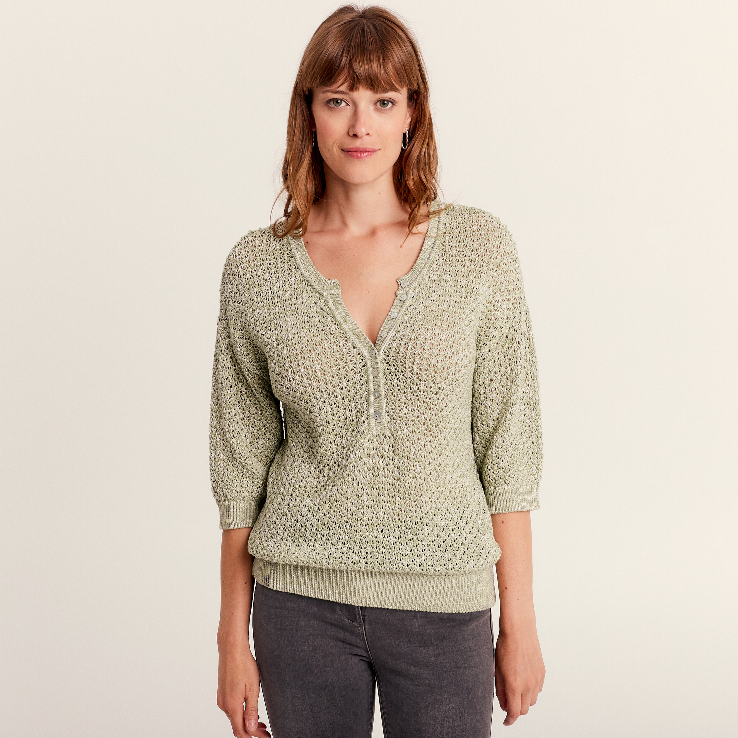 Pull manches 3/4 vert olive femme | Vibs