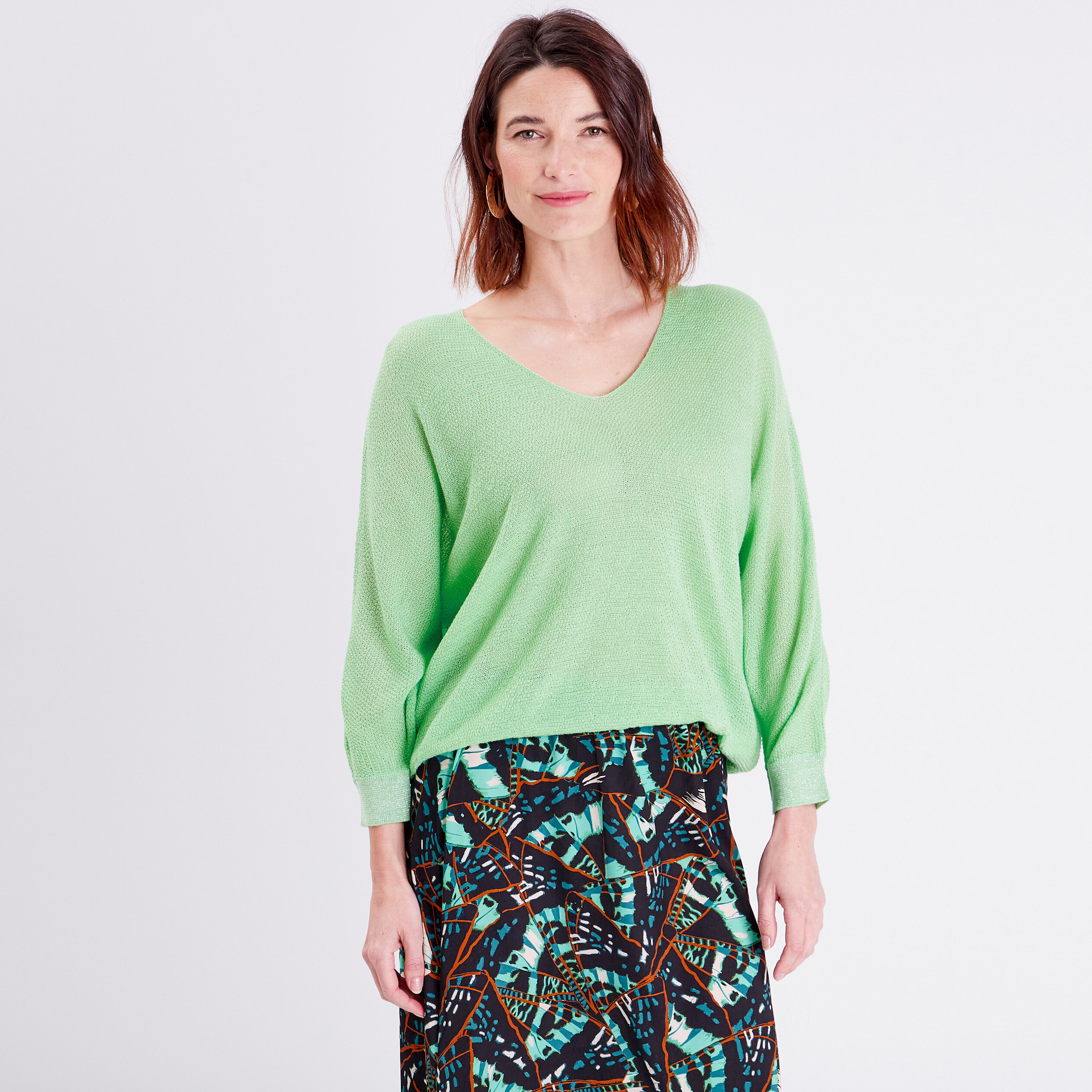 Pull manches longues col en V vert fluo femme | Vibs